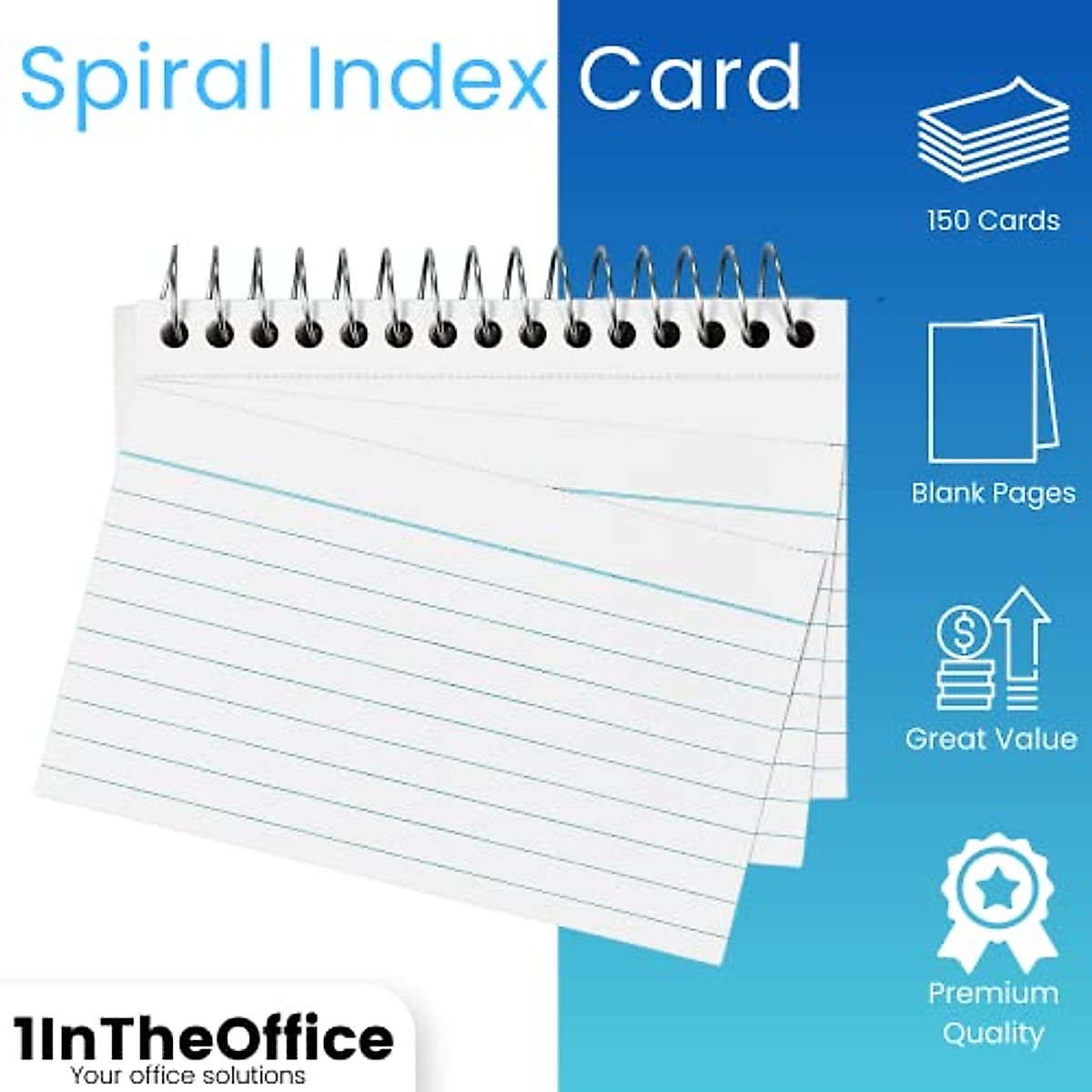 1InTheOffice Spiral Index Cards 3x5 Ruled, Spiral Bound, 50 White Cards/Spiral