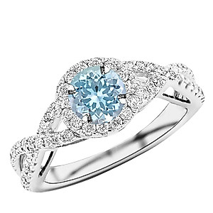 Houston Diamond District 1.18 Carat t.w 14K White Gold Twisting Split Shank Eternity Love Halo Style Engagement Ring .75 Round Cut Blue Aquamarine Heirloom Quality.