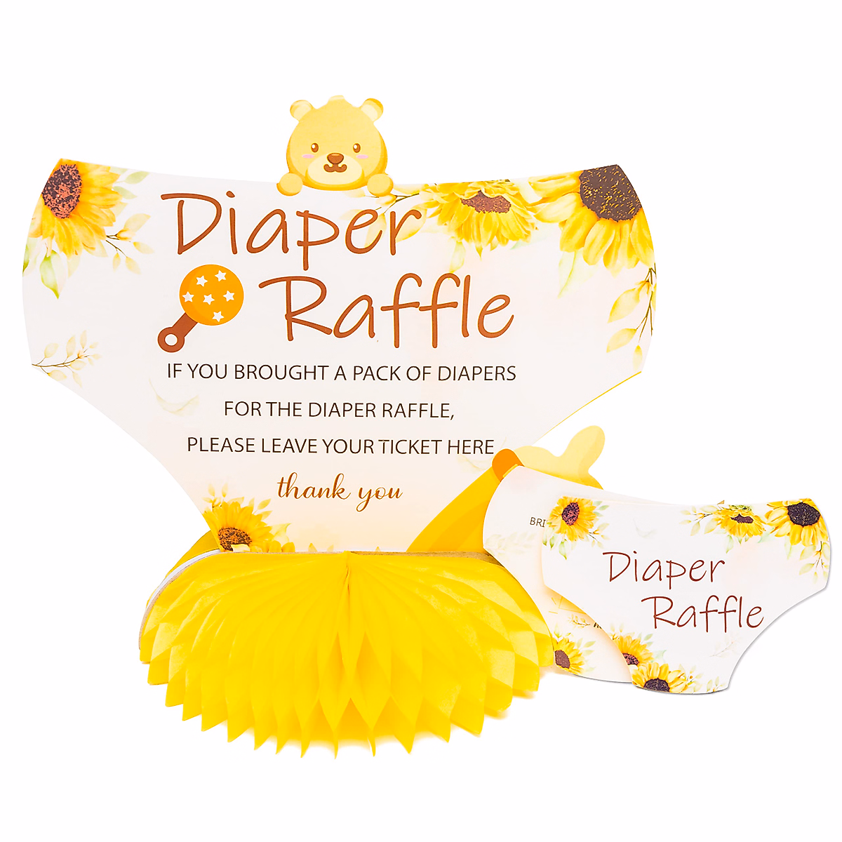 Luiqs Vens Sunflower Diaper Raffle Sign with 50Pcs Diaper Shaped Raffle Ticket Insert Bring a Pack of Diapers Game Kit Sunflower Lottery Insert Cards for Baby Shower Birthday Gender Reveal Party