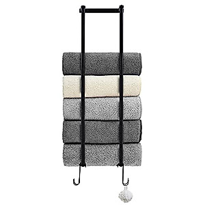 MallKing 3-Tier Over The Toilet Rack Wooden Bathroom Spacesaver and Wall Towel Rack Metal Bathroom Rolled Towels(Black)