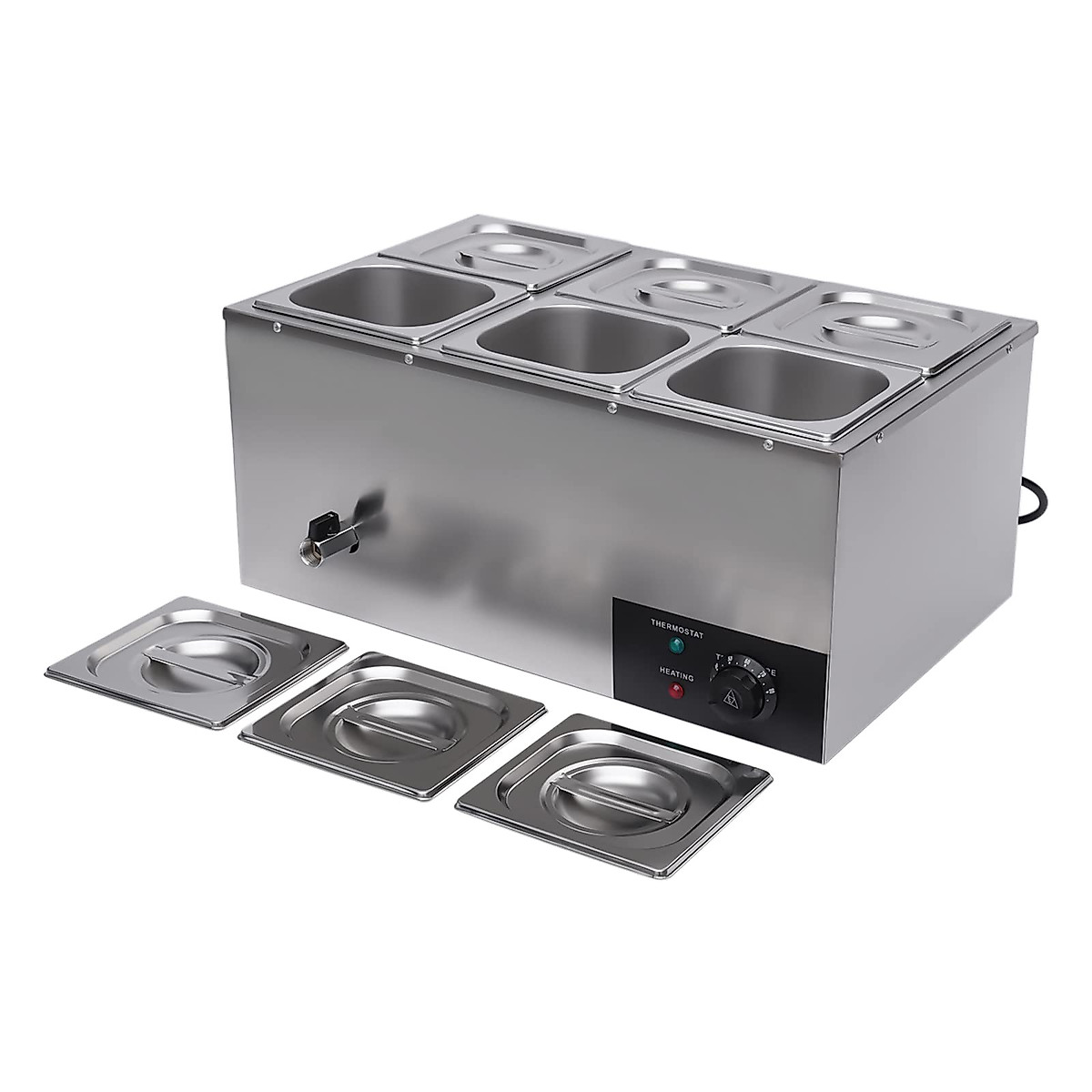 Leblett 110V Commercial Food Warmer,Large Capacity 6X 3.2Qt Pan Stainless Steel 600W Electric Countertop Steam Table with Intelligent Thermostat for Catering and Restaurants Use (6-Pan)