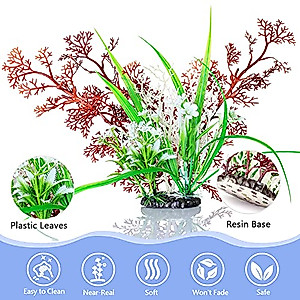 Fishdance Aquarium Plants, Artificial Fish Tank Plastic & Resin Plants and Broken Barrel Decorations Decor White Red Fake Coral Plants Set 8 Pcs