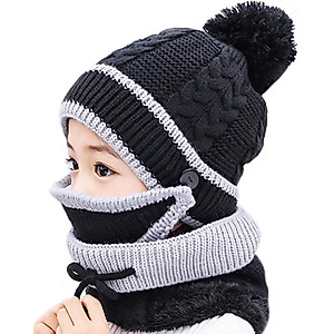 3 in 1 Winter Knitted Beanie Hat Scarf Mouth Mask Set for Girls Boys Kids, Warm Fleece Lined Ski Cap with Pompom Neck Warmer (Black)