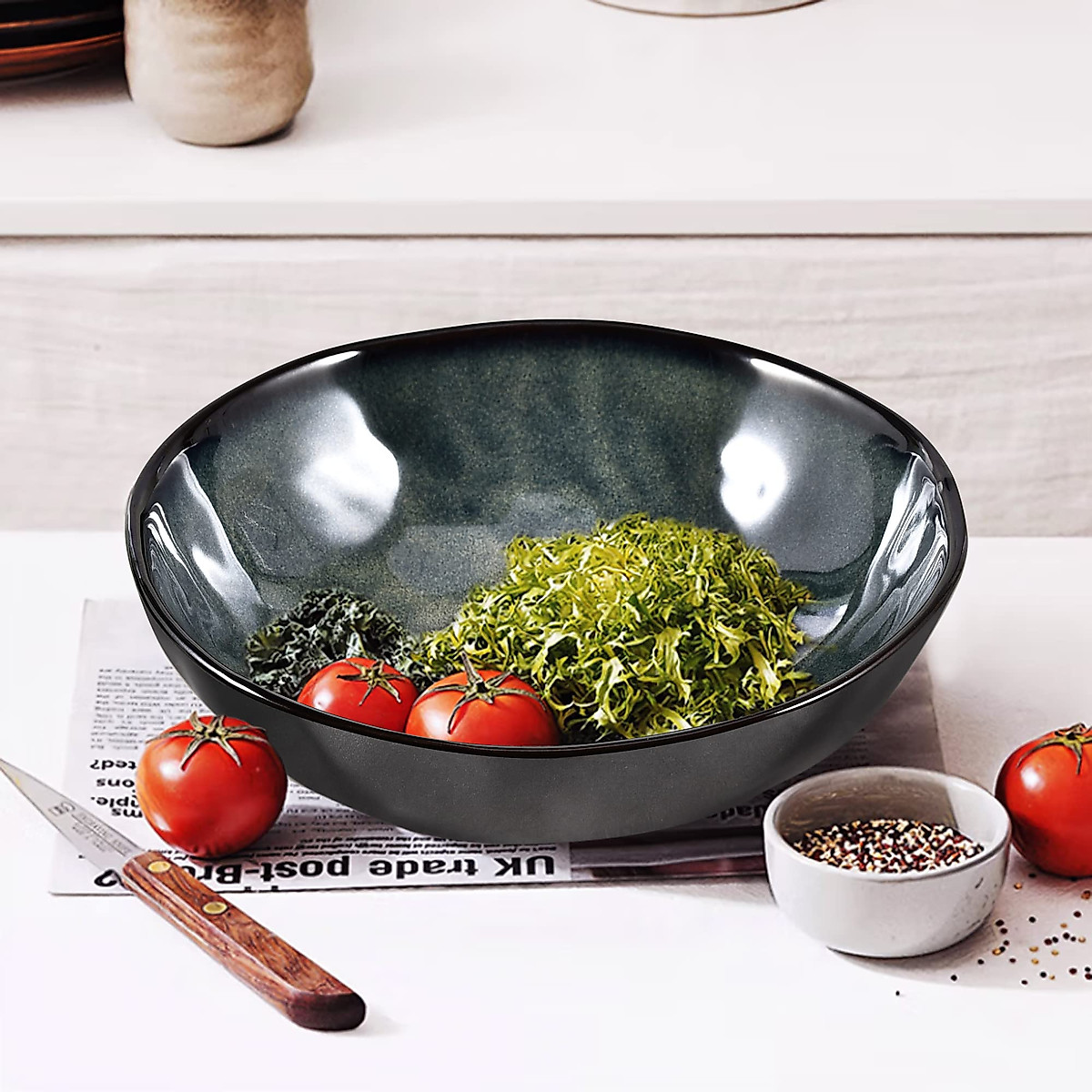 fMBB 33 OZ Ceramic Bowl Pasta Bowls Set of 4, Great Salad Bowl Set, Large Bowl For Eating, Dinner Bowls, Stackable Serving Bowls, Reactive Glaze Series, Black