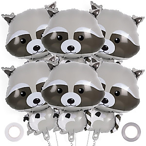 Raccoon Balloons, 6 Pcs Cute Raccoon Foil Balloons, Cartoon Myalr Raccoon Balloons for Woodland Animal Themed Party Camping Birthday Baby Shower