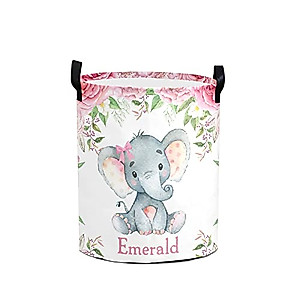 Custom Watercolor Animal Elephant Laundry Basket with Name Text Waterproof Bedroom Living Room Storage Basket