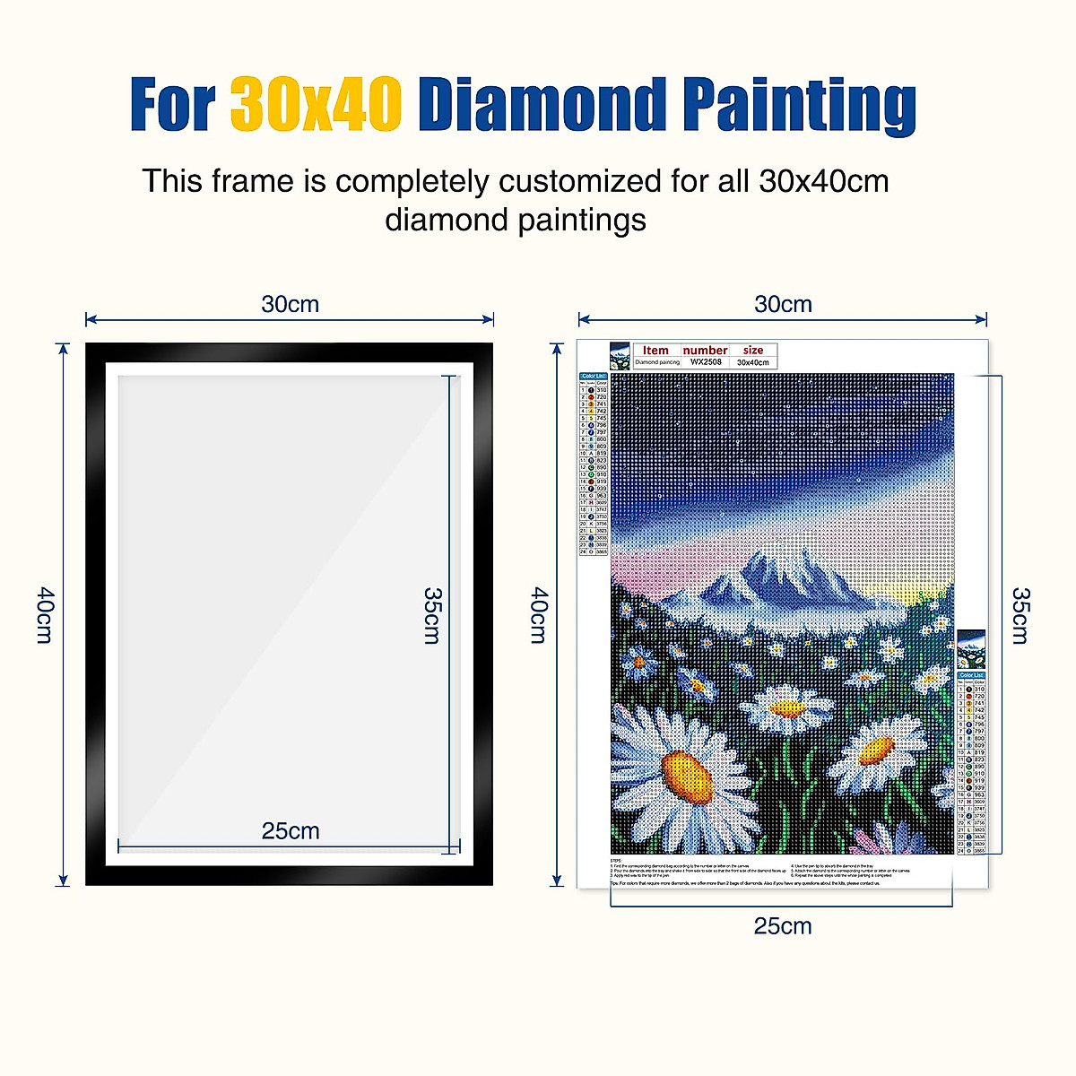 RICUVED Diamond Art Frames, 2 Pack Frames for Diamond Art Pictures 30x40cm Canvas Size, Magnetic Diamond Art Frames Self-Adhesive Frames for Wall Window Door with 6 Hook Pads, Black