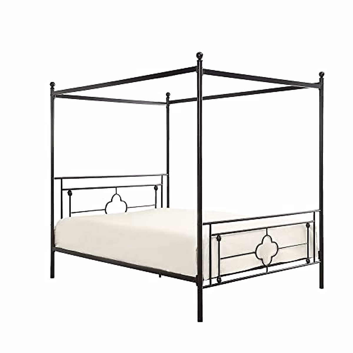 Priyas Home Black Metal Canopy Frame Quatrefoil Pattern Platform Bed with Ball Finials, Queen Size