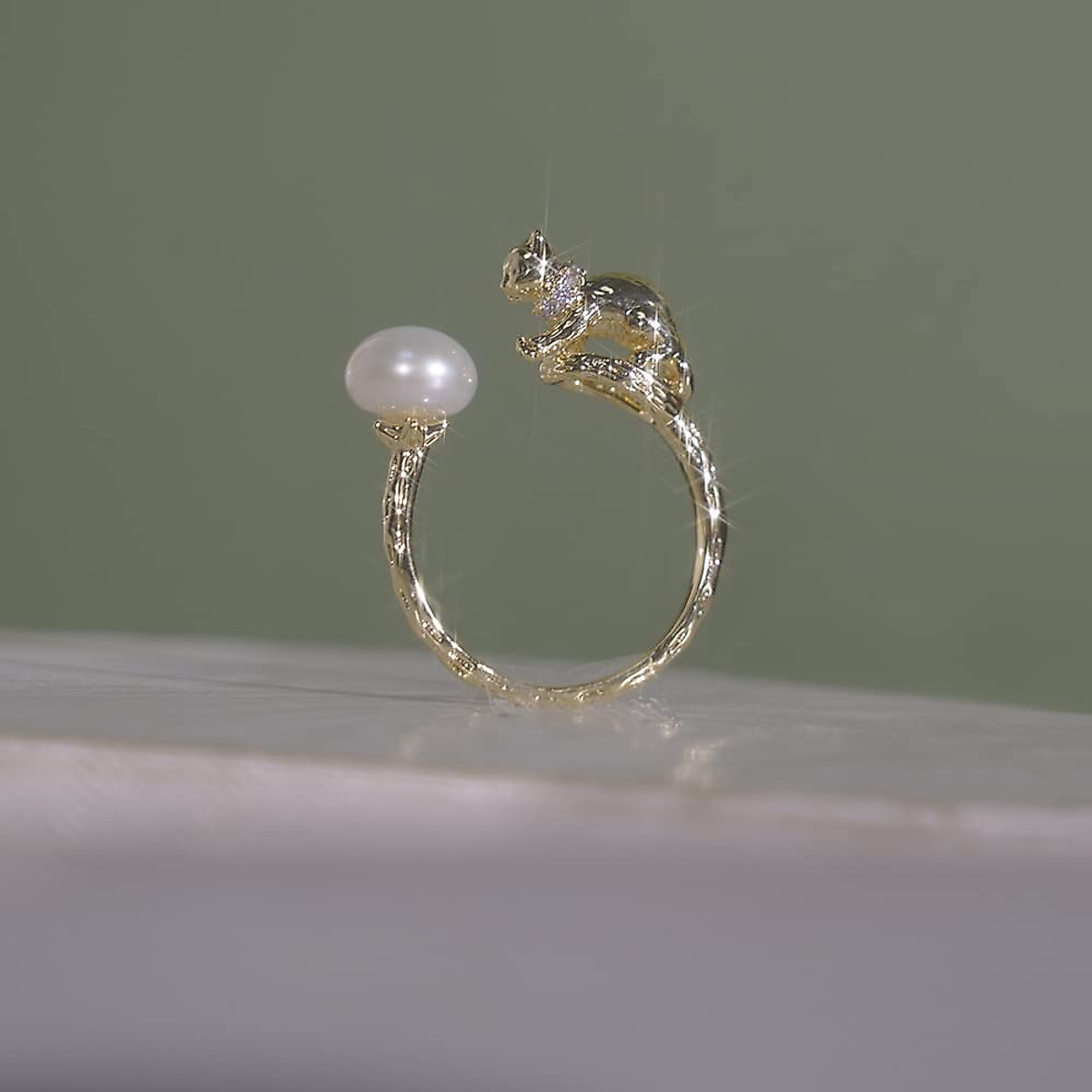 CCijiNG Christmas Pearl Ring for Women 14K Gold Plated Adjustable Open Wrap Ring Fashion Eternity Statement Jewelry for Christmas Gift（Cat Pearl）