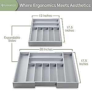 Purawood - Large Premium Bamboo Silverware Organizer - Expandable Kitchen Drawer & Utensil Organizer, 17.5" x 19.75" Cutlery Tray with Drawer Dividers for Kitchen Flatware (7-9 Slots) (Grey)