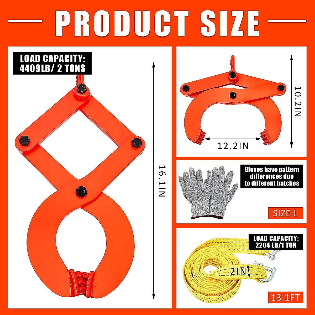 Wowangce Truck Pallet Puller Clamp Kit 1t/2205lbs Pallet Puller Clamp Truck Pallet Pulling Scissor Grabber Hook and 2" x 13.1ft Tow Strap Nylon Webbing with Gloves for Pulling Pallets Wood Heavy Thing
