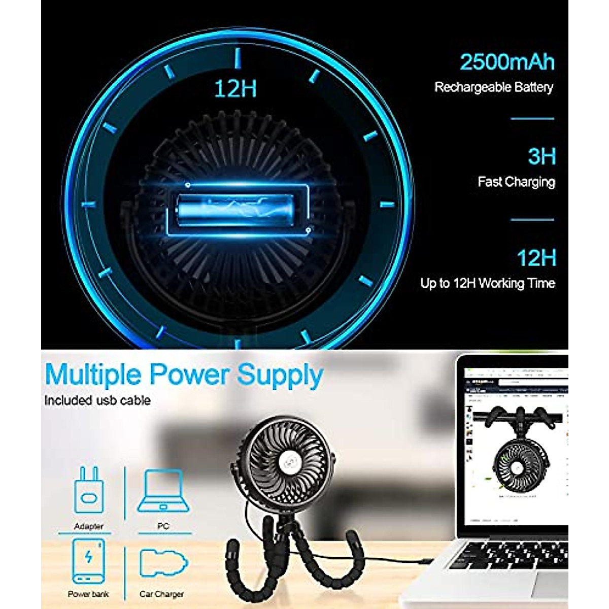 TDONE Stroller Fan Mini Portable Fan USB Personal Fan Long Working Handheld Fan 12pcs LED Camping Fan Batterry Operated Fan Clip on Fan for Stroller Travel (Black)