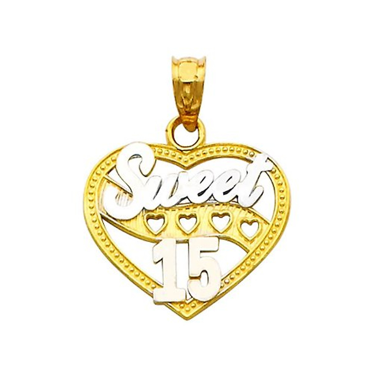 14k REAL Two Tone Gold 15 A?os Heart Pendant with 1.5mm Diamond Cut Chain Necklace - 16"