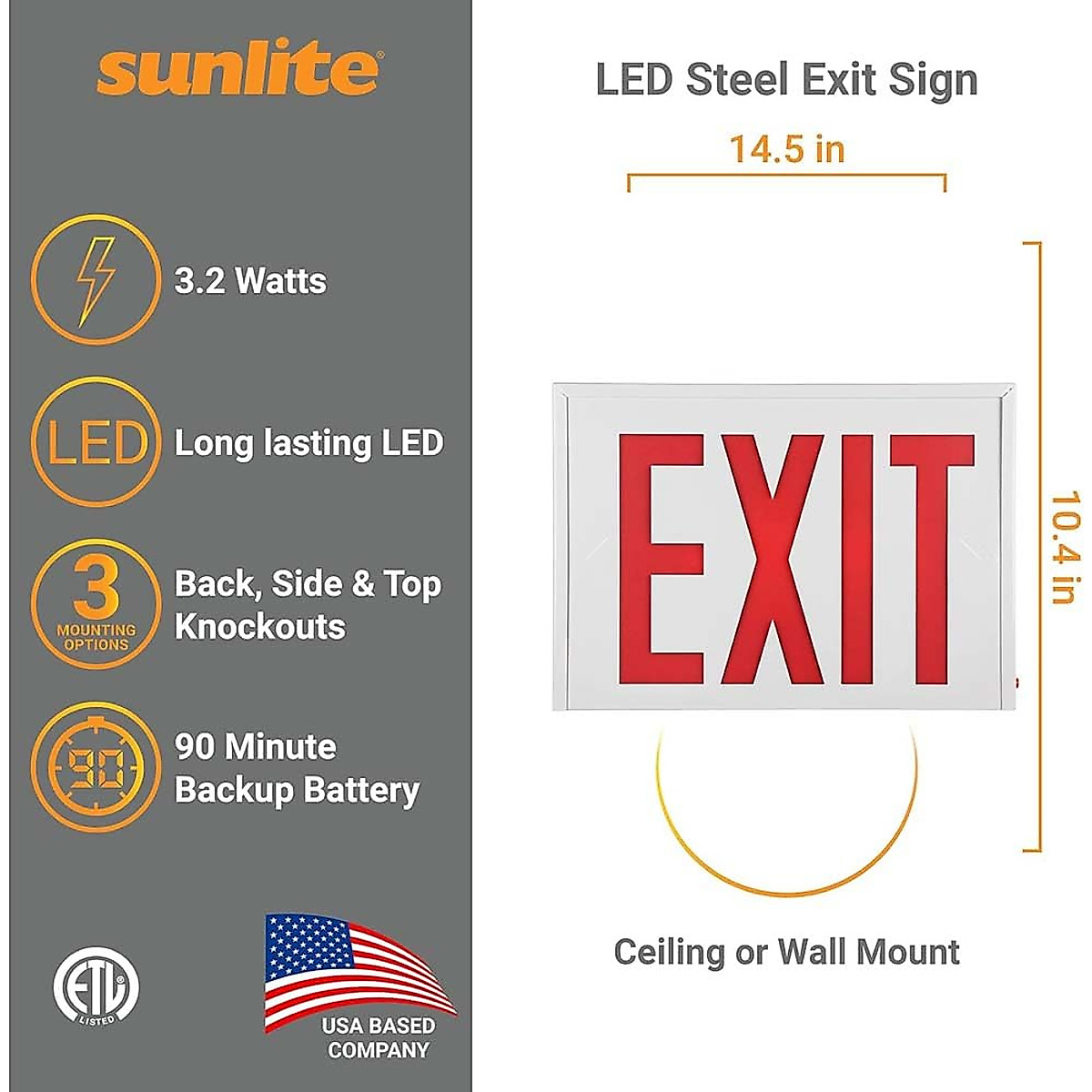 Sunlite 05276 LED Steel Exit Sign, White Housing with Bright Red Lettering, 90-Minute Battery Power Back-Up, Dual Voltage 120-277V, Ceiling or Wall Mount, Long Lasting, Fire Safety, NYC Compliant