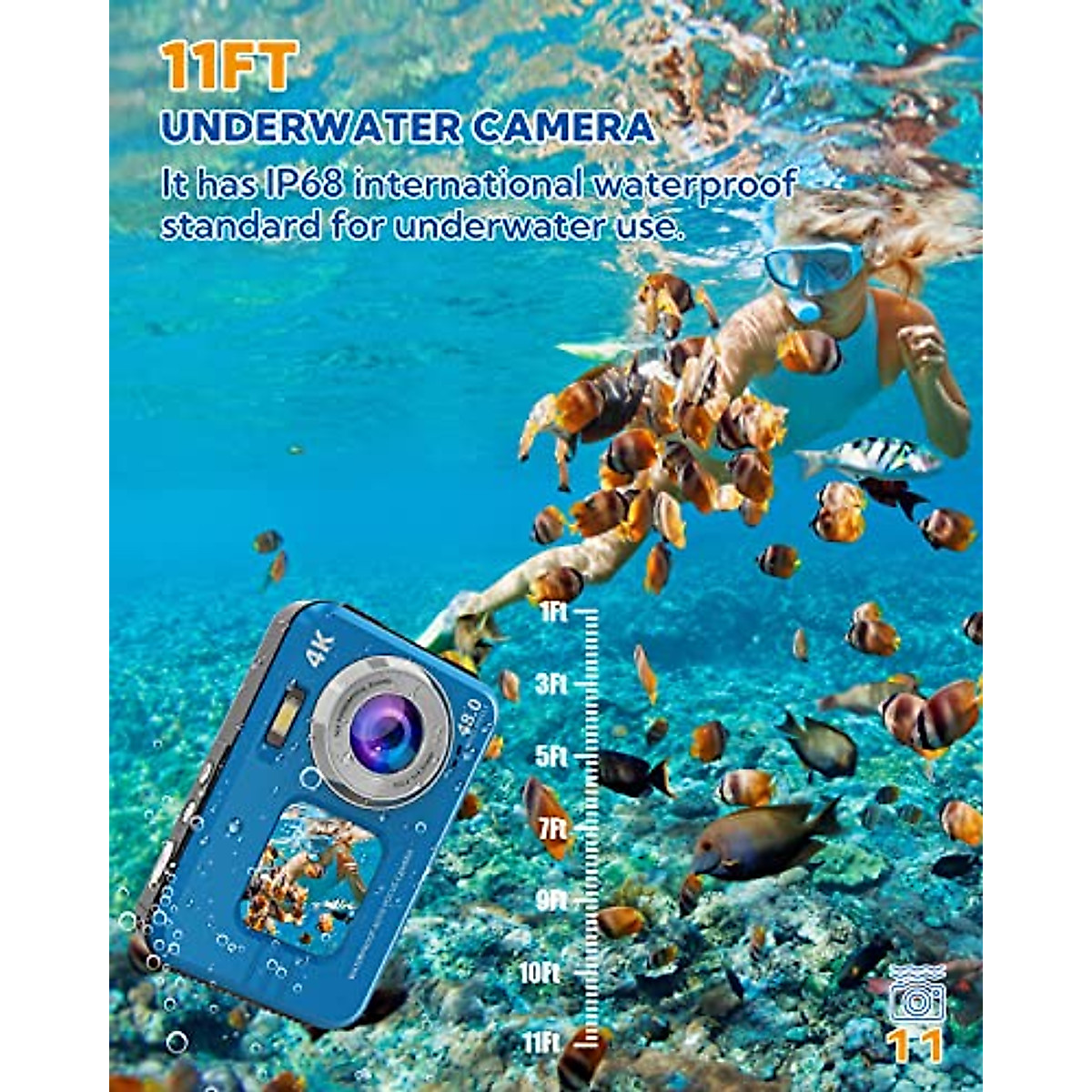 Underwater Camera, 4K 48MP Autofocus Waterproof Digital Camera with Selfie HD Dual Screens, 11FT 16X Digital Zoom Waterproof Camera with 64GB Card, Fill Light Underwater Camera for Snorkeling