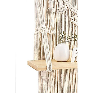 Mkono Macrame Wall Hanging Shelf Boho Decor Wood Floating Shelf for Bedroom Living Room Nursery Bathroom, Handmade Woven Rope Storage Rack for Photo Frames Plant Display