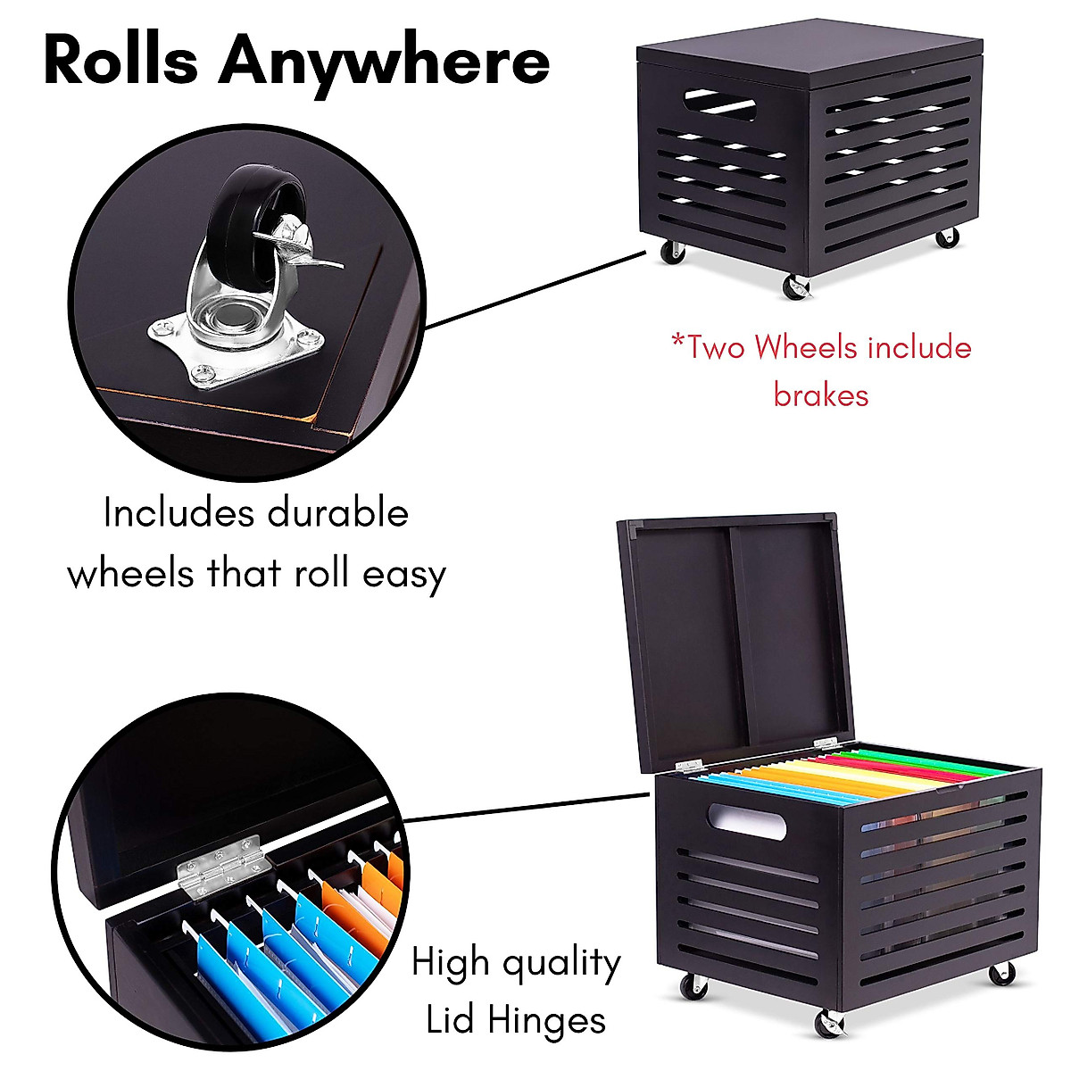 BIRDROCK HOME Rolling File Storage Organizer Box with Lid (NEW VERSION) - Bamboo - Decorative Wood Hanging Filing & Storage Office Box - Letter or Legal - Strong Durable - Toys Blankets - Cafe Noir