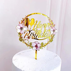 Zilphoba 12pcs Happy Birthday Cake Toppers, Flower Acrylic Gold Birthday Party Cupcake Decorations