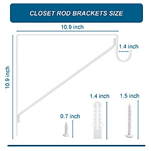 YROUHNAE 2 Pack White Closet Rod Brackets Heavy Duty 10.9"x12.3"x1" Closet Support Brackets for Rod, 300lb Weight Capacity Closet Shelf & Rod Brackets, Closet Pole and Shelves Support