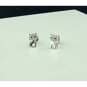 Rhodium Plated Sterling Silver Cubic Zirconia Cat Womens Earrings, Comes Gift Ready, Unique gifts for Women Tiny cartilage earrings Silver Second Tiny Studs for Girls - 9mm