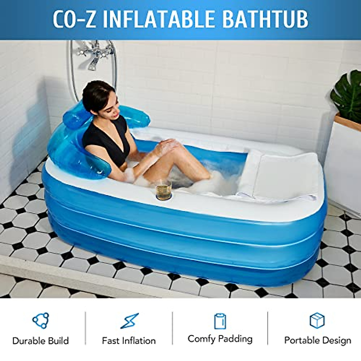 CO-Z Inflatable Bathtub with Electric Air Pump and Bath Pillow Headrest, Portable Blow Up Bath Tub for Adults, Outdoor or Indoor Freestanding Foldable Spa Tub with Cover Drainage Hose Cup Holder, Blue
