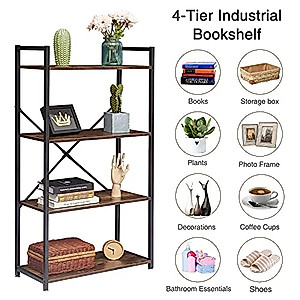 ide¡¤o, IDEO Bookshelf 4 Tier Home Office Industrial Bookcase Storage, Retro Brown, 47.44x25.98x11.81In