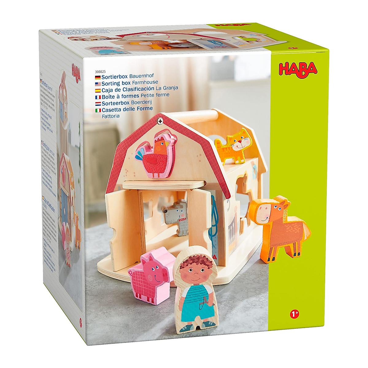 HABA Farmhouse Sorting Box Wooden Shape Sorter Toy with 6 Chunky Wood Farm Animals