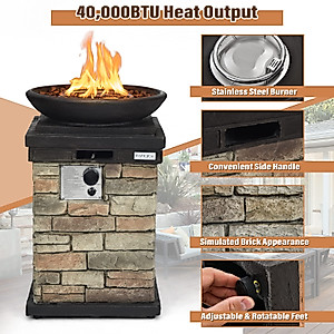 Tangkula Patio Propane Fire Bowl, Patiojoy 40,000BTU Square Fire Pit with Round Bowl, Lava Rocks & Waterproof Cover, Faux Stone Fire Pit Table for Outside Courtyard, Patio, Porch (Natural Stone)