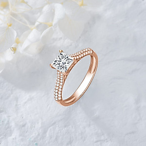 BEBEWO 1-2/6 ct. tw. Princess Cut Moissanite 10K 14K 18K White Gold Engagement Ring for Women, Real Gold Engagement Wedding Ring Jewelry, Personalized Custom Name Ring (Rose)