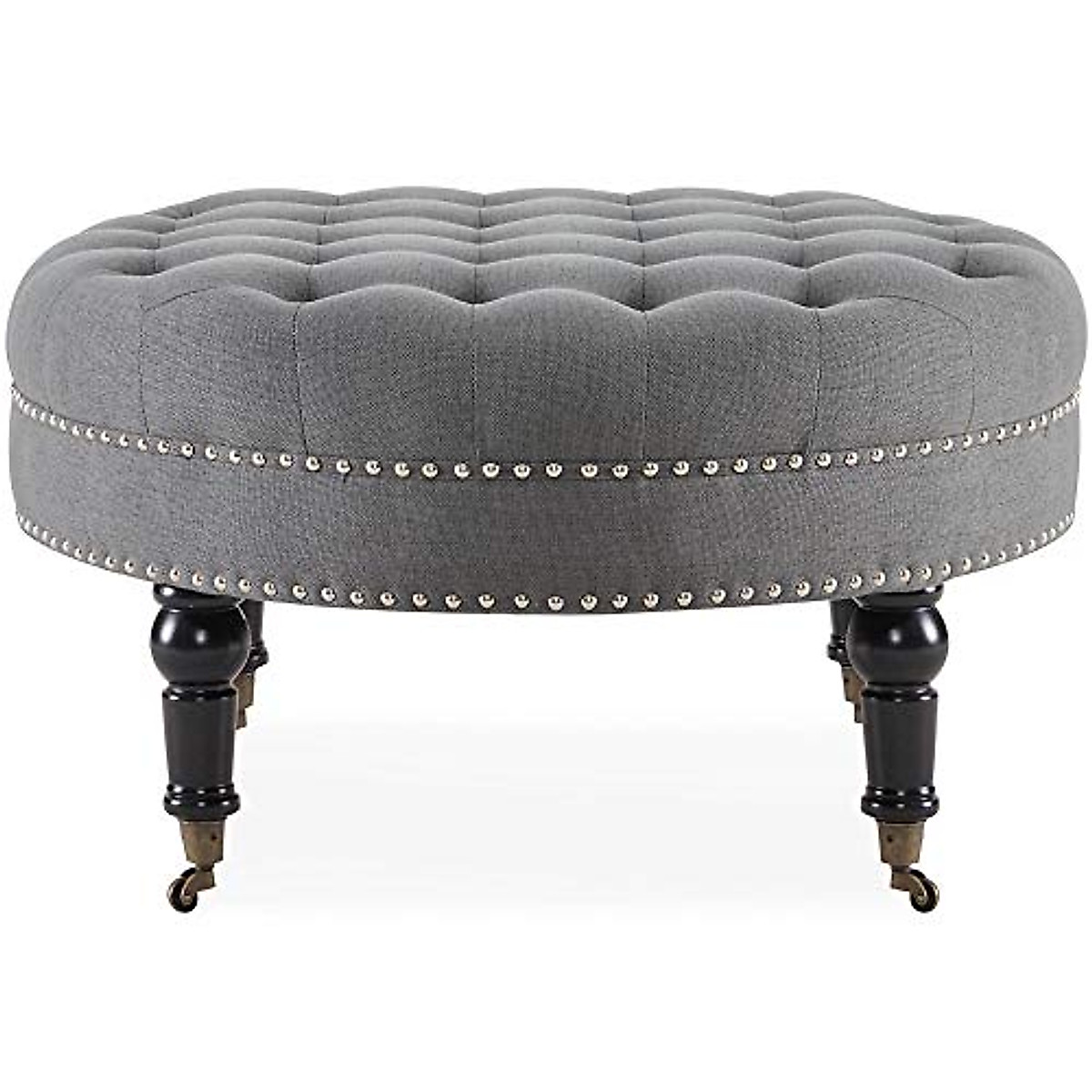 BELLEZE Modern 34 Inch Round Linen Ottoman with Caster Wheels, Contemporary Classic Footsool Bench with Button Tufted Top, Nailhead Trim, Wood Legs - Ravenna (Elephant Grey)