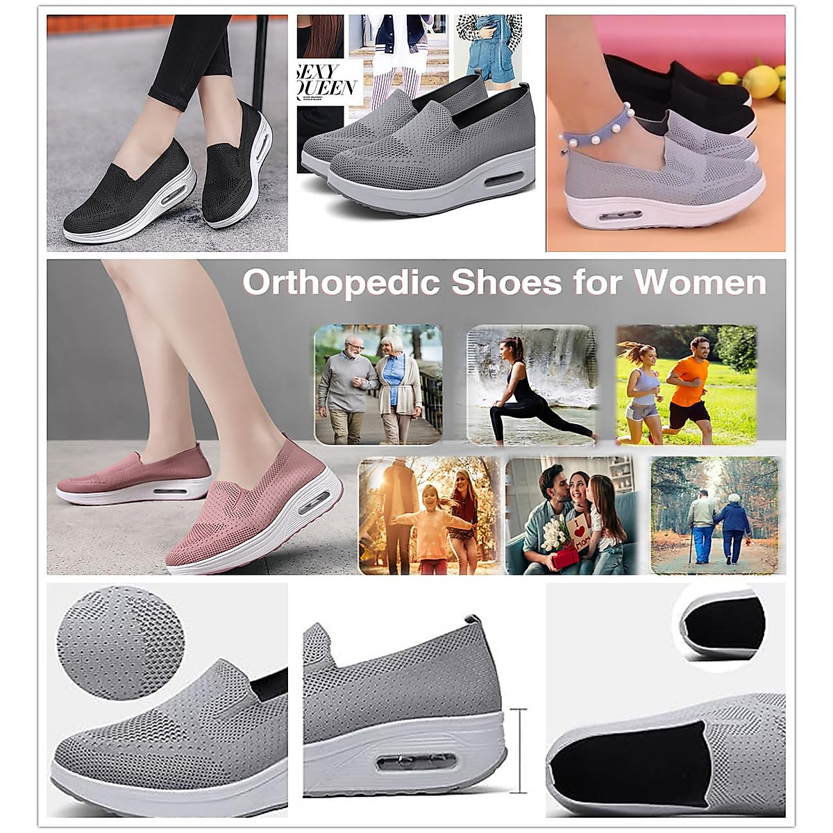 Fitsshoes Women Orthopedic Sneakers,Slip-On Light Air Cushion Orthopedic Sneaker Platform Diabetic Walking Shoes (Black,41)