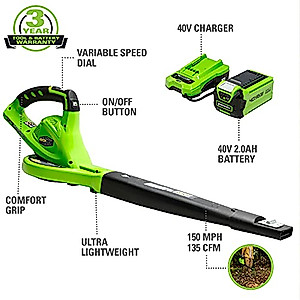 Greenworks 40V (150 MPH / 130 CFM) Cordless Leaf Blower, 2.0Ah Battery and Charger Included