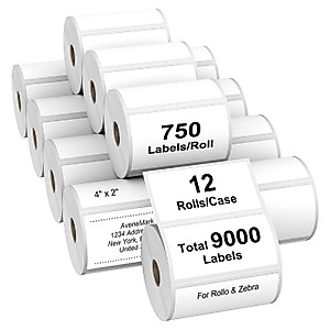 AveneMark 12 Rolls 4" x 2" Direct Thermal Labels for Barcodes Postage Address Shipping Labels Compatible with Rollo & Zebra Desktop Printers Adhesive - 750 Labels/Roll