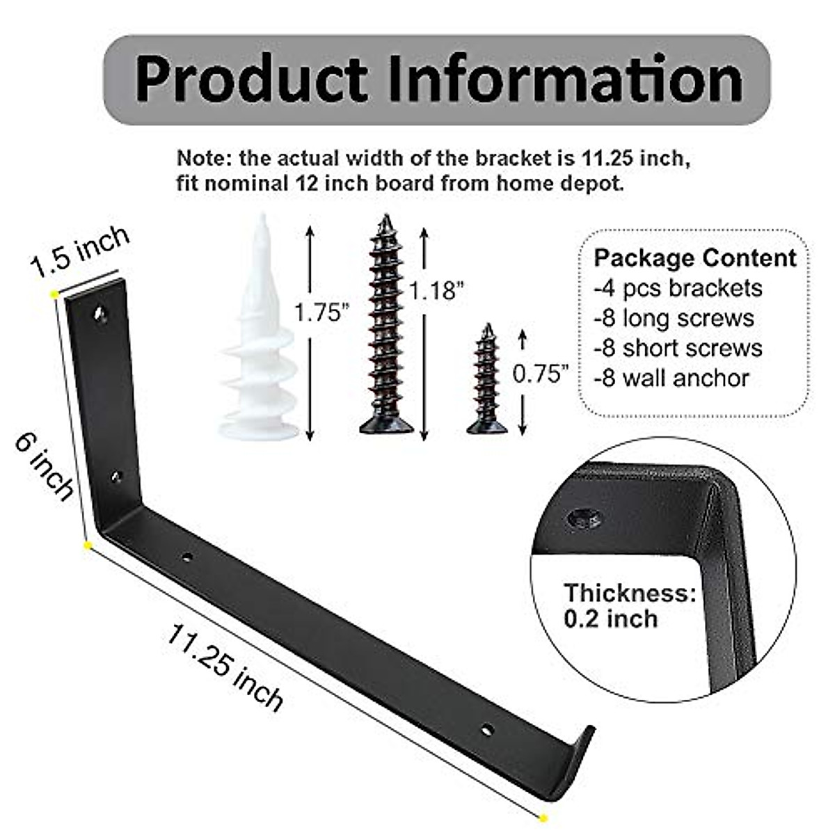 Shelf Brackets 12 Inch 4PCS Heavy Duty Frosted Black Wall Bracket with Lip for Floating Shelves Rustic Iron Metal Shelf Bracket for DIY Open Shelving Hardware Included