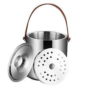 Bakpoco Double-Wall Vacuum Insulated Ice Bucket with Lid, Scoop, Ice Tong, Strainer & Leather Handle Keep Ice Frozen Longer Large Wine Ice Buckets for Cocktail Bar,Parties Chilling Beer Champagne 3L