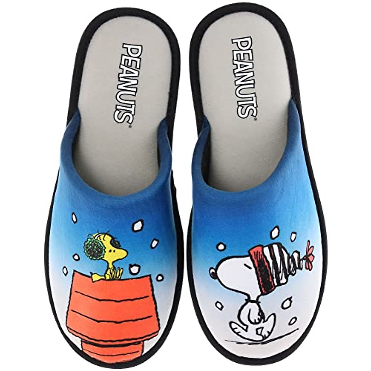 Peanuts Family Slippers, Mismatch Holiday Scuff Snoopy & Woodstock, Blue