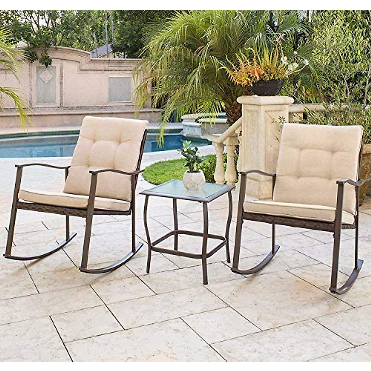 SOLAURA 3-Piece Patio Furniture Outdoor Rocking Chair Set Brown Wicker Patio Bistro Sets, Front Porch Furniture with Beige Cushion, Two Patio Chairs with High Backrest & Glass Coffee Table