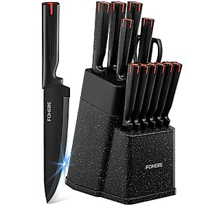 FOHERE Knife Set with Block 13 Pieces Stainless Steel Knife Sets for Kitchen with Built-in Sharpener Sharp Kitchen Knife Block Set with Granite Pattern, Anti-slip Handle Rust Resistant, Black