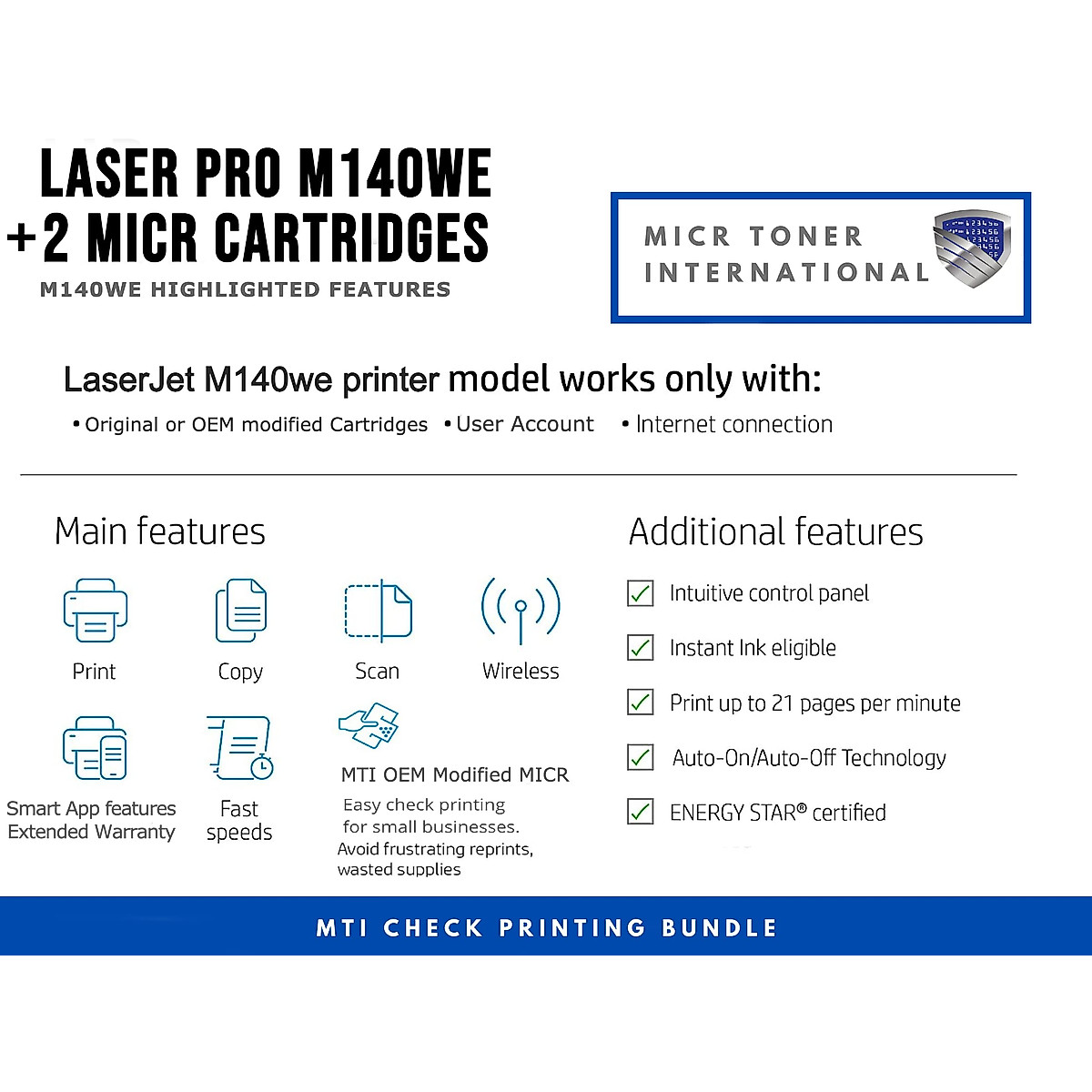 MTI M140we Laser MFP All-in-One Wireless Black & White Check Printer Bundle with 141A Starter MICR Toner, W1410A MTI Modified Magnetic Ink Cartridge, 100 Sheets Blank Check Paper