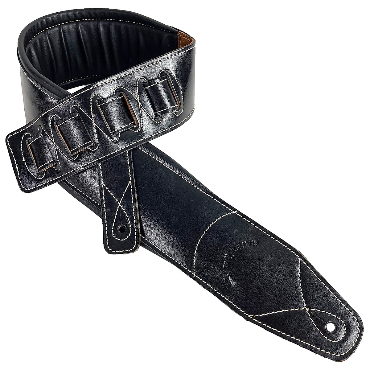 Walker & Williams Super Wide 4" Handmade Double Padded Classic Black Premium Signature Grain Leather Guitar Strap For Acoustic, Electric, And Bass Guitars