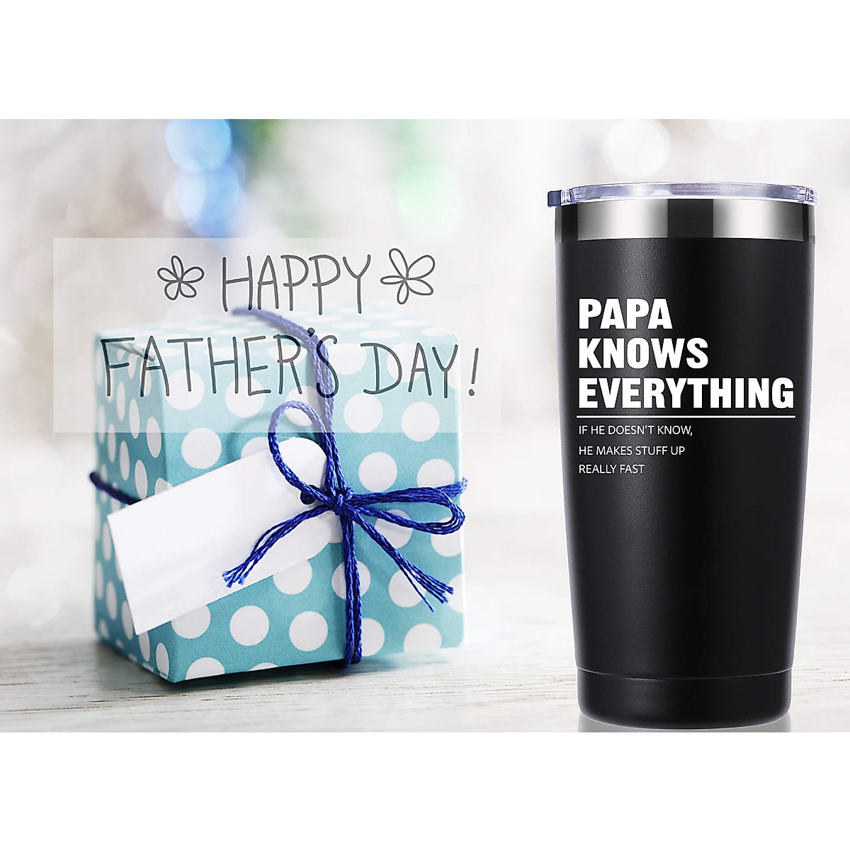 momocici Papa Knows Everything 20 OZ Tumbler.Dad Gifts from Daughter,Son,Wife.Birthday Gifts,Christmas Gifts for New Dad,Father,Husband,Men Travel Mug(Black)