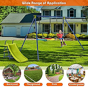 Costzon Swing Sets for Backyard, 4-in-1 Heavy Duty Large Metal Swing Frame w/2 Adjustable Swings, Slide, Basketball Hoop, Play Equipment for Indoor Outdoor Gift Kids 3-12 Years Old