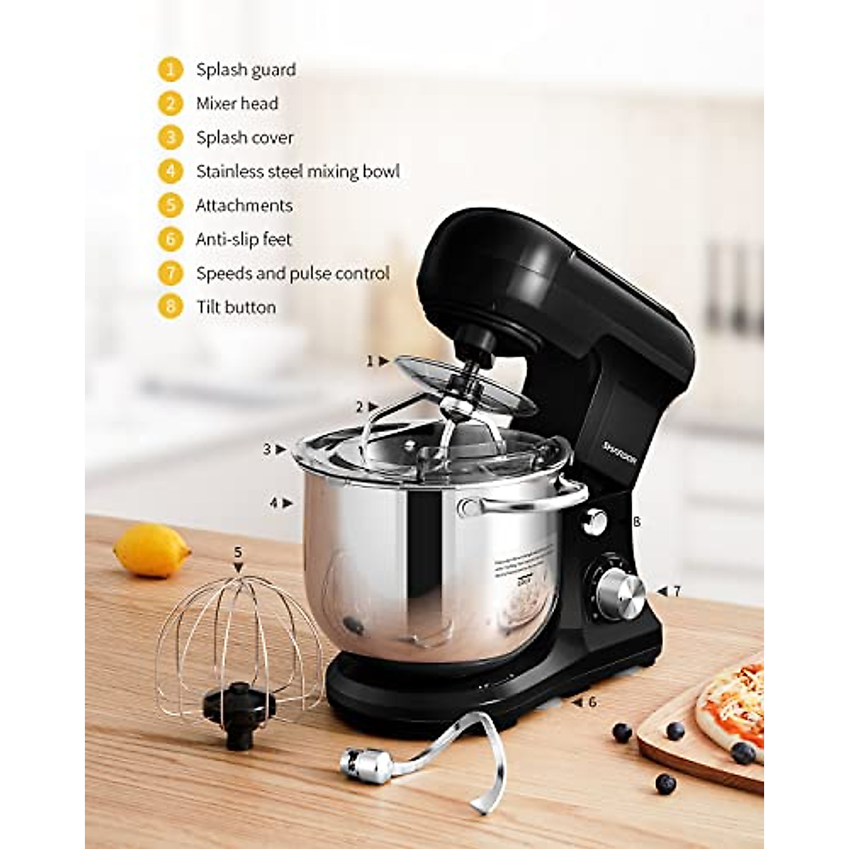SHARDOR Stand Mixer, 6-Speed with Pulse Tilt-Head Food Mixer, Kitchen Electric Mixer with Dough Hook, Wire Whip & Beater, 4.8 QT Stainless Steel Bowl, Splash Guard, Black