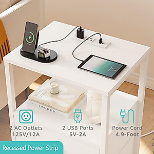 KAI-ROAD White Night Stand with Charging Station and USB Ports, Small Nightstand with Drawers and Shelf Storage End Table for Bedroom, Dorm, Modern Bedside Table