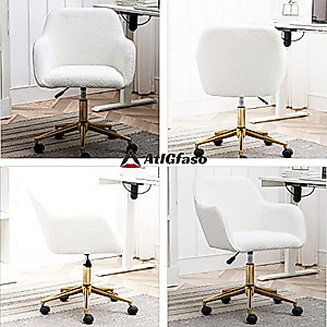 AtIGfaso with Wheels Ultra-Soft Plush Swivel Chair with Adjustable Height and 360-Degree Rotation,Combing Chair Ideal for Home Office or Bedroom, Ergonomic Design, Gold Base, Cream White Color