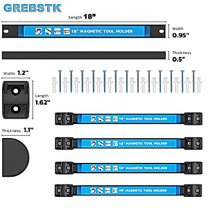 GREBSTK 18 IN Magnetic Tool Holder Strip Heavy Duty Magnetic Tool Bar Metal Tool Organizer Rack with Mounting Screws, 4PCS