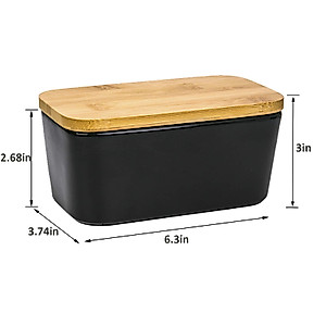 Arswin Butter Dish with Lid,Extra Large 650ml,Porcelain Keeper with Bamboo Lid Cover for 2 Sticks of Butter,Microwave Safe Easy Clean Butter Storage Container for Countertop Refrigerator (Black)