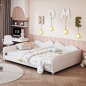 Beuiosda Full Size Upholstered Daybed, Bed Frame Full with Cloud-Shaped Backrest, Sherpa Fabric Sofa Bed with for Kids Teens Boys Girls (White, Full)