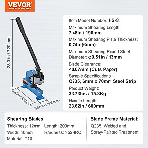 VEVOR Hand Plate Shear 8", Manual Metal Cutter Cutting Thickness1/4 Inch Thick Max, Metal Steel Frame Snip Machine Benchtop 7/16 Inch Rod, for Shear Carbon Steel Plates and Bars , Blue