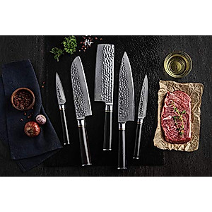 HEZHEN Damascus Steel 7pcs Kitchen Knives Block Set, Multifunctional Kitchen Shears, Professional forging Chef Knife Santoku Nakiri Utility Fruit, Ergonomic Ebony Handle -Classic Series